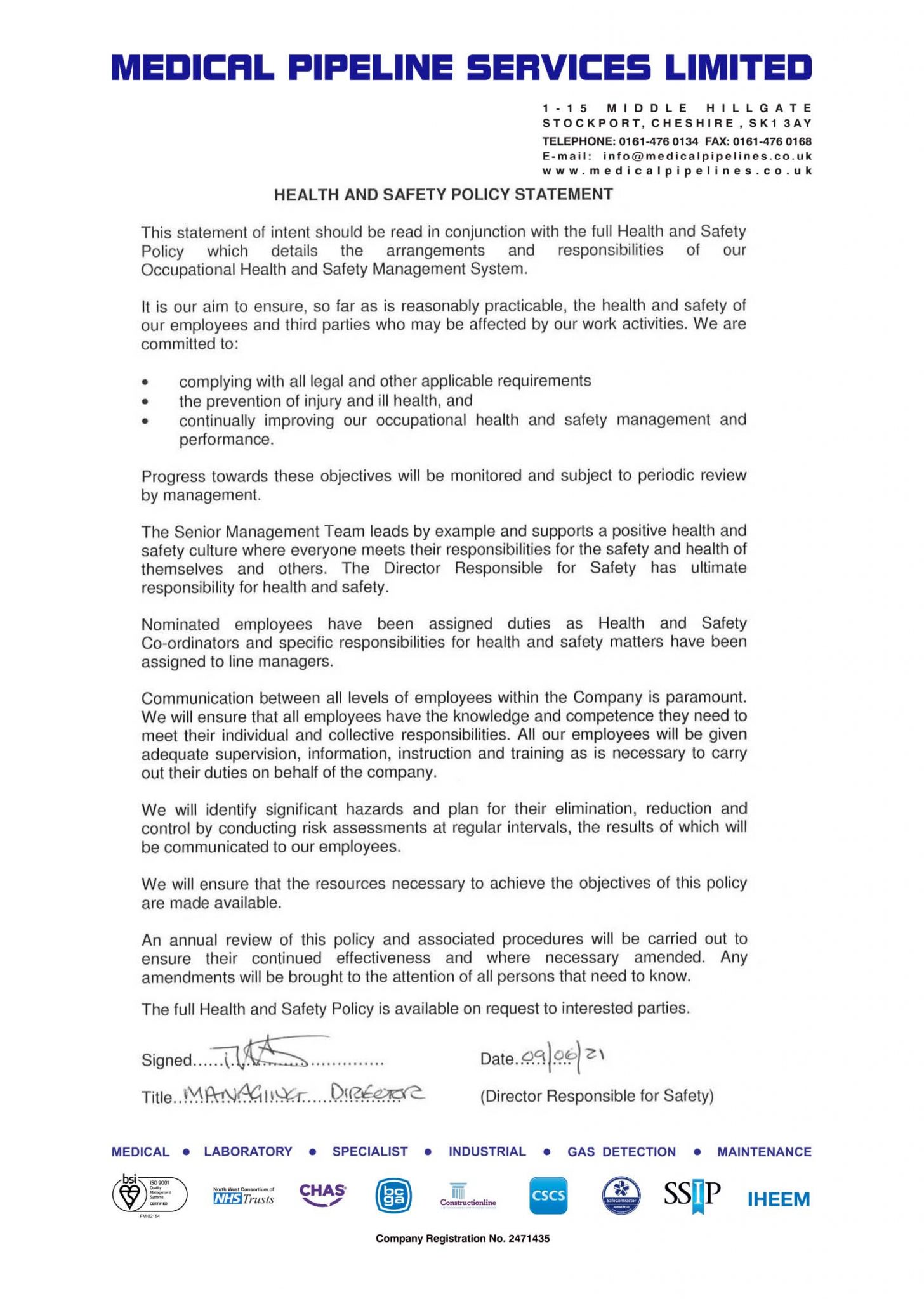 H&S Policy Statement – Medical Pipeline Services